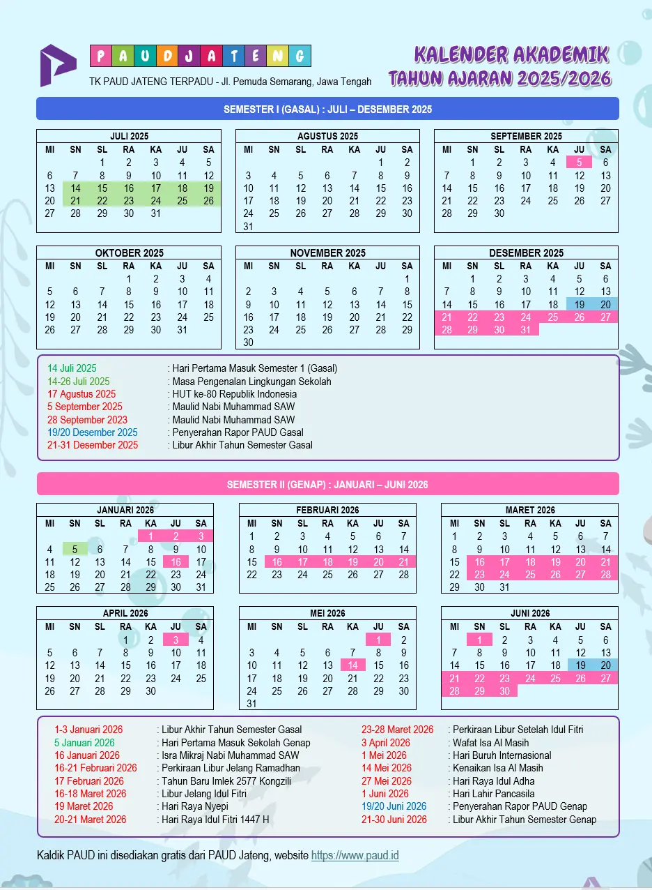 Kaldik PAUD 2025/2026 & Semua Tahun Kalender Pendidikan - PAUD JATENG